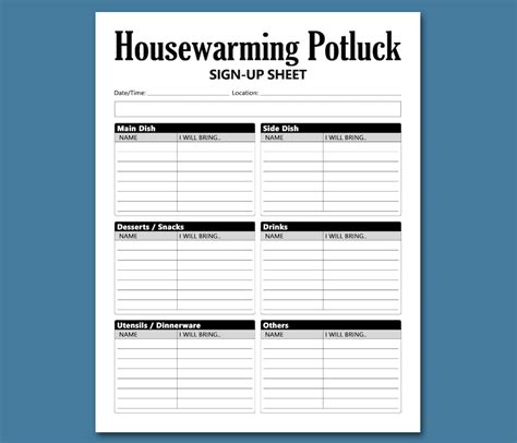 Housewarming Potluck Sign Up Sheet Printable Post Moving Party Signup