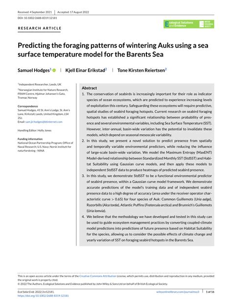 Pdf Predicting The Foraging Patterns Of Wintering Auks Using A Sea Surface Temperature Model