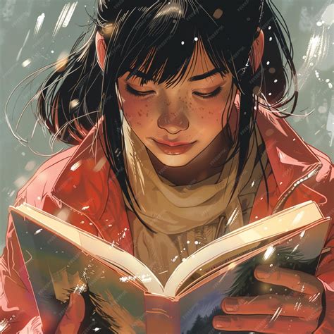 Premium Photo Anime Girl Reading A Book In The Snow With A Red Jacket