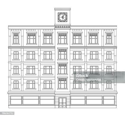 細節前視圖房子立面建築輪廓輪廓與商店街道全景窗戶門和支柱白色上隔離的向量線圖圖向量圖形及更多住宅建築圖片 住宅建築 側影 剪裁圖