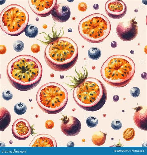 Hand Drawn Watercolor Passion Fruit Seamless Pattern Stock
