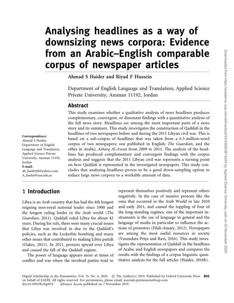 Pdf Analysing Headlines As A Way Of Downsizing News Corpora Evidence From An Arabic English