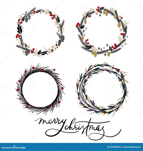 Set Of Christmas Wreath With Hand Lettering Inscription Merry Christmas