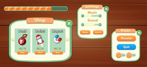 Casual Game UI Menu Popups With Buttons And Game Assets Vector