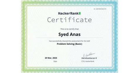 Completion Certificate For Problem Solving On Hackerrank Syed Muhammad Anas Posted On The