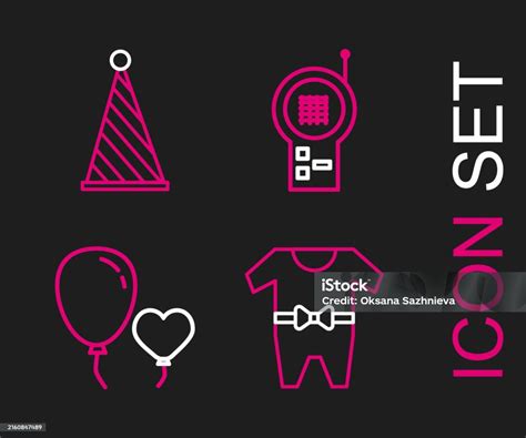 세트 라인 아기 옷 하트 형태의 풍선 모니터 워키 토키 및 파티 모자 아이콘 벡터 공휴일에 대한 스톡 벡터 아트 및 기타 이미지