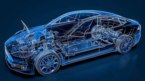 세부적인 블루프린트 스타일 투명한 전기 차량은 첨단 모터 및 배터리 기술을 선보입니다 프리미엄 Ai 생성 이미지