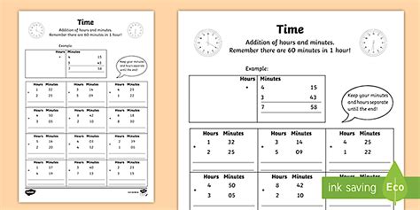 Adding Hours And Minutes With No Renaming Worksheet Twinkl