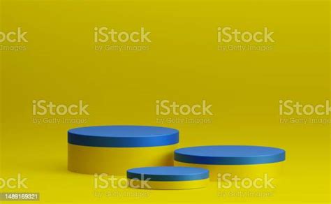 3d 렌더링 최소 파란색 표면 노란색 트리플 실린더 제품 연단 쇼케이스 빈 배경 그림 3차원 형태에 대한 스톡 사진 및 기타 이미지 3차원 형태 강단 곡선 Istock
