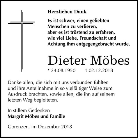 Traueranzeigen Von Dieter Möbes Abschied Nehmende