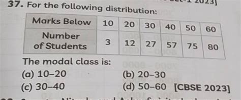 For The Following Distribution Marks Below102030405060 Begin{tabular}{c}