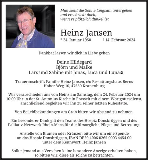 Alle Traueranzeigen für Heinz Jansen trauer rp online de