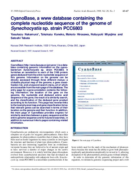 Pdf Cyanobase A Database Containing The Complete Nucleotide Sequence Of The Genome Of