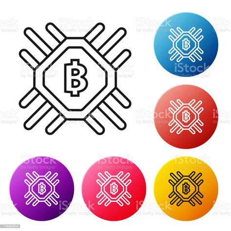 흰색 배경에 검은 선 Cpu 마이닝 농장 아이콘입니다 프로세서 내부의 비트 코인 기호 암호 화폐 마이닝 커뮤니티 디지털 머니 아이콘 다채로운 원 버튼을 설정합니다 벡터