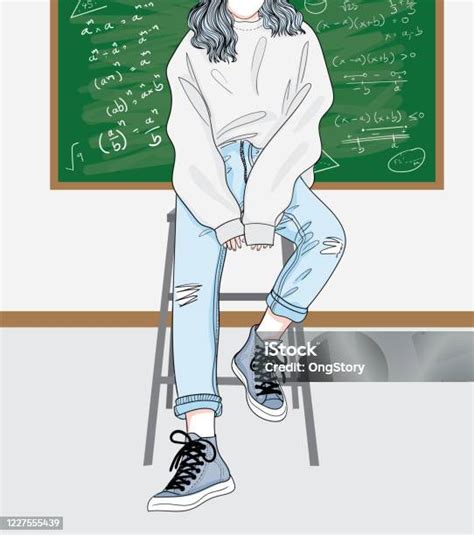 교실 앞 의자에 앉아있는 여성의 만화 그림 그녀는 교사가 교실에서 가르치기를 기다리고 있습니다 낙서 아트 컨셉 일러스트 페인팅