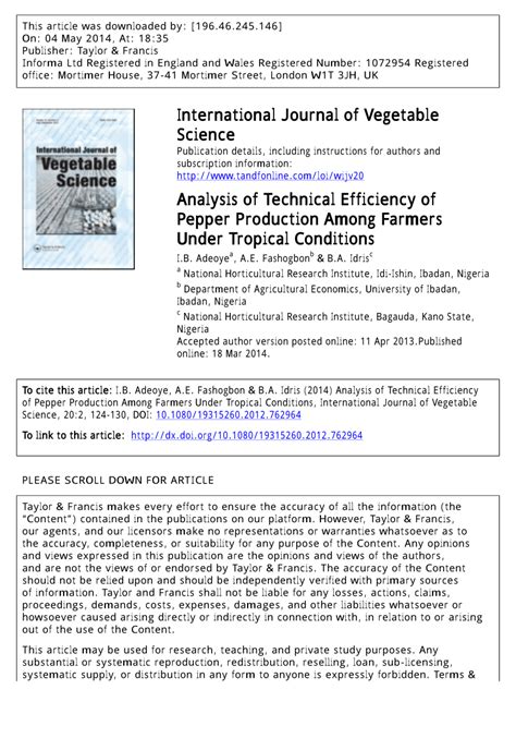 Pdf Analysis Of Technical Efficiency Of Pepper Production Among Farmers Under Tropical Conditions