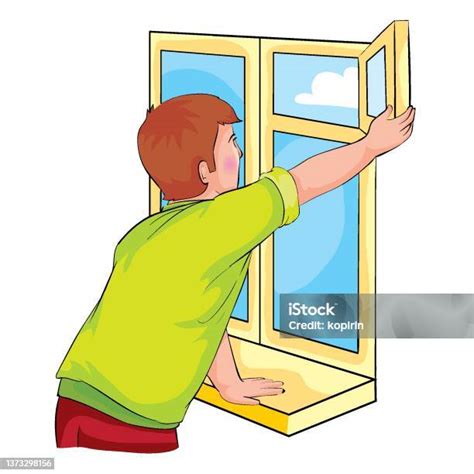 Lhomme Ouvre Une Fenêtre Aération Illustration De Dessin Animé Objet
