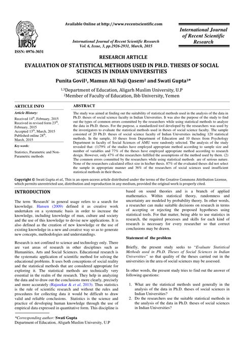 Pdf Evaluation Of Statistical Methods Used In Ph D Theses Of Social Sciences In Indian