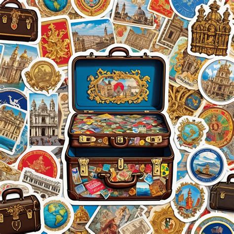 A Sticker Of A Suitcase With Stickers From Around The World Prompts