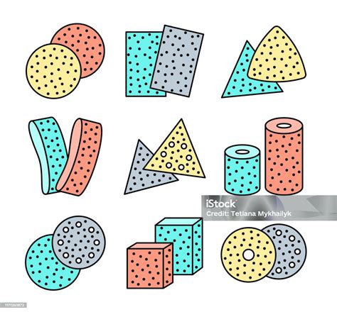 사포 시트 디스크 롤 삼각형 연마 용지를 연마의 다채로운 벡터 그림입니다 유리지의 플랫 라인 아이콘 세트 거친에 대한 스톡 벡터