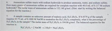 Solved 6 Ammonium Sulfate Reacts With Sodium Hydroxide To Chegg