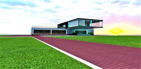 A Breathtaking Sunrise Behind A Stylish Modern Mansion With Panoramic
