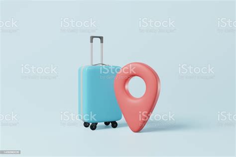 파란색 배경에 핀 위치가있는 여행 가방 여행 목적지 휴가 개념 3d 렌더링 지도에 대한 스톡 사진 및 기타 이미지 지도