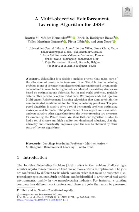 Pdf A Multi Objective Reinforcement Learning Algorithm For Jssp