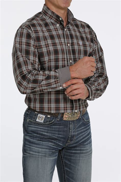 Cinch Jeans Mens Plaid Button Down Western Shirt Brown Cream