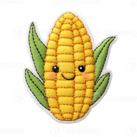 Cute Embroidered Corn Patch With A Smiling Face And Green Leaves