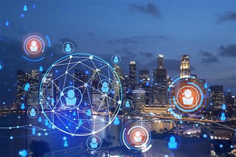 premium photo glowing social media icons on night panoramic city view