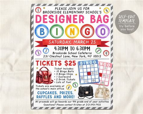 Designer Bag Bingo Night Flyer Editable Template Womens Bingo Fundrai Puff Paper Co