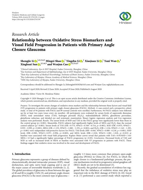 Pdf Relationship Between Oxidative Stress Biomarkers And Visual Field Progression In Patients