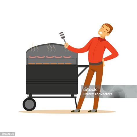 소시지와 바베 큐 그릴 벡터 일러스트 레이 션에 스테이크를 준비 하 고 웃는 남자 고기에 대한 스톡 벡터 아트 및 기타 이미지 고기 굽기 독일 Istock