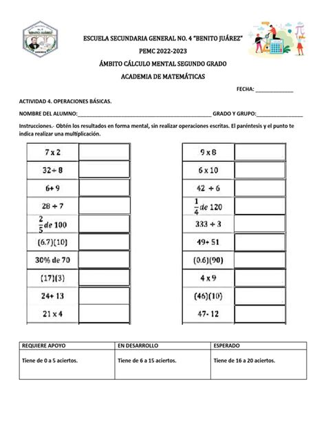 Actividad 4 Calculo Mental 2° Grado Pdf