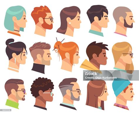 프로파일의 플랫 헤드 다양한 헤어 스타일과 액세서리와 다른 인간의 머리 남성과 여성 다채로운 웹 아바타 벡터 세트 옆모습에 대한 스톡 벡터 아트 및 기타 이미지 Istock