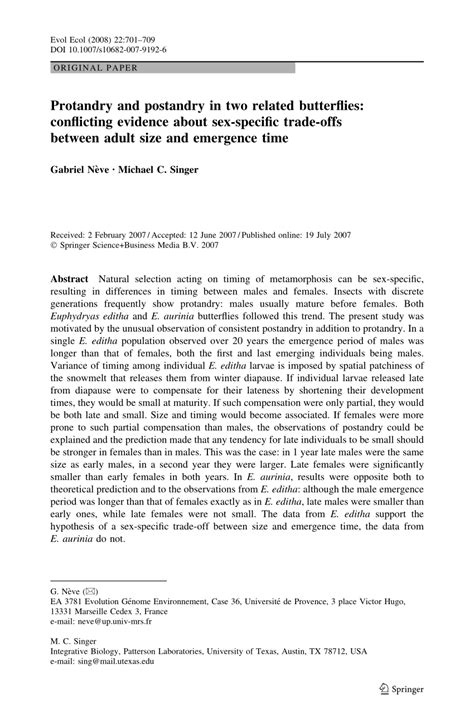 Pdf Protandry And Postandry In Two Related Butterflies Conflicting
