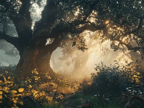 A Mystical Forest Shrouded In Soft Mist Ancient Towering Trees With