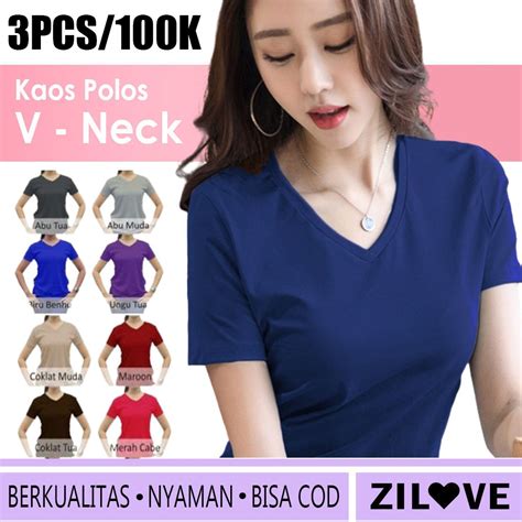 Jual Zilove Kaos Polos Cewek V Neck Lengan Pendek Cotton Polyester