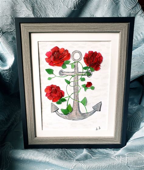 Sea Glass Art Genuine Seaglass Anchor And Red Roses Nautical Decor