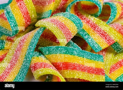 Colorful Jelly Candies Strips In Sugar Sprinkles Sour Flavored Rainbow