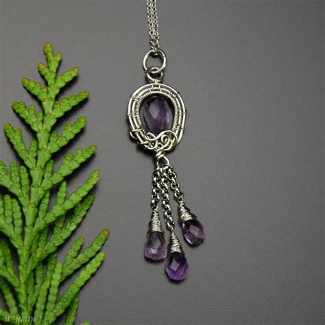 wisiorek z ametystami wire wrapping stal chirurgiczna ღ art Madam pl