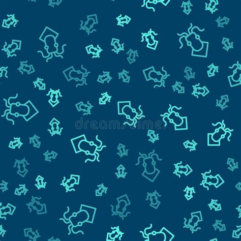 Green Line Octopus Icon Isolated Seamless Pattern On Blue Background Vector Stock Illustration