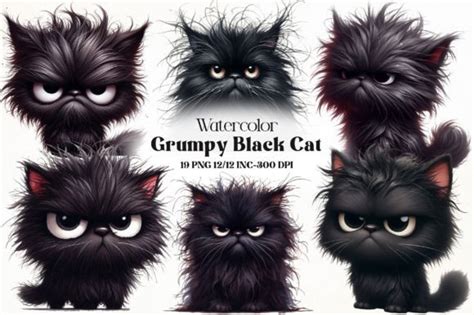 Watercolor Grumpy Black Cat Clipart Graphic By Revolutioncraft