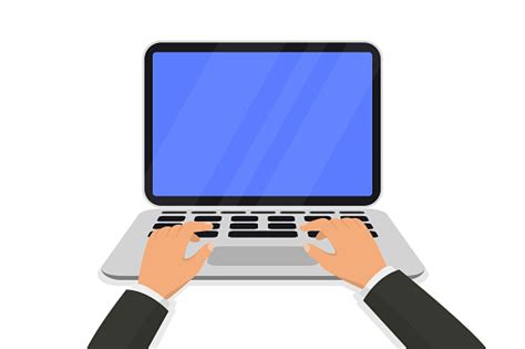 노트북 키보드에서 작업합니다 테이블에 빈 모니터 화면이 있는 작업 장소 노트북 키보드에 손을 대십시오 노트북에서 일하는 개념 벡터 그림 개념에 대한 스톡 벡터 아트 및 기타
