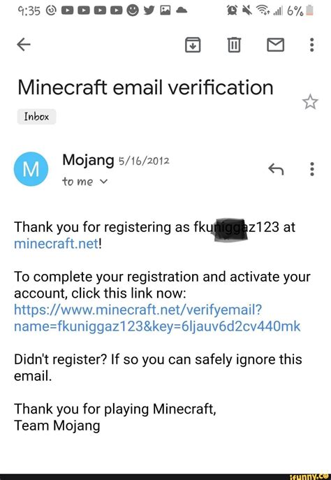 Minecraft Email Verification Y Inbox Thank You For Registering As Fk Z123 At To
