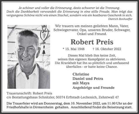 Traueranzeigen Von Robert Preis WirTrauern