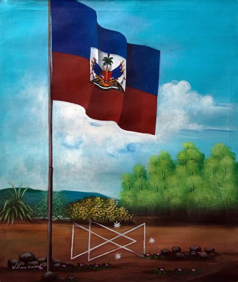 Haitian Flag with Vévé Stones and Pink Flowers Stokes Haitian Art