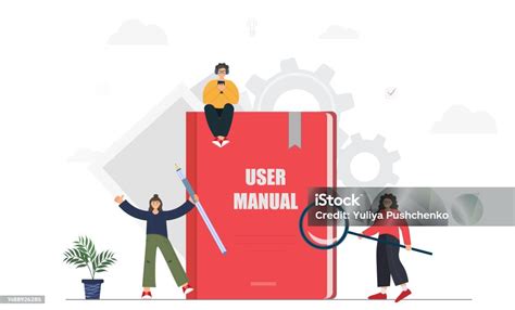 사용자 설명서 안내서 또는 교과서 사양 사용자 안내 문서 플랫 벡터 일러스트레이션 근처에 서있는 행복한 작은 사람들 It 지원에 대한 스톡 벡터 아트 및 기타 이미지