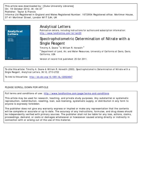 Spectrophotometric Determination Of Nitrate Pdf Detection Limit Nitrate